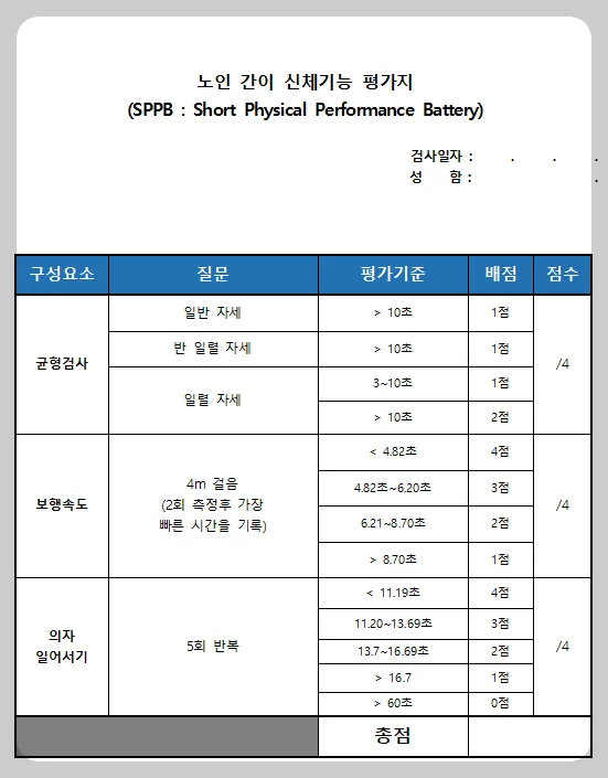 근감소증 자가진단 : 노인 신체기능 평가, Short Physical Performance Battery - UCanWalk